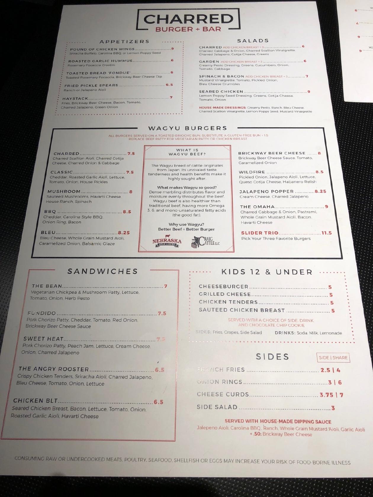 Carta de Charred Burger + Bar, Omaha, Sterling Ridge Dr #107