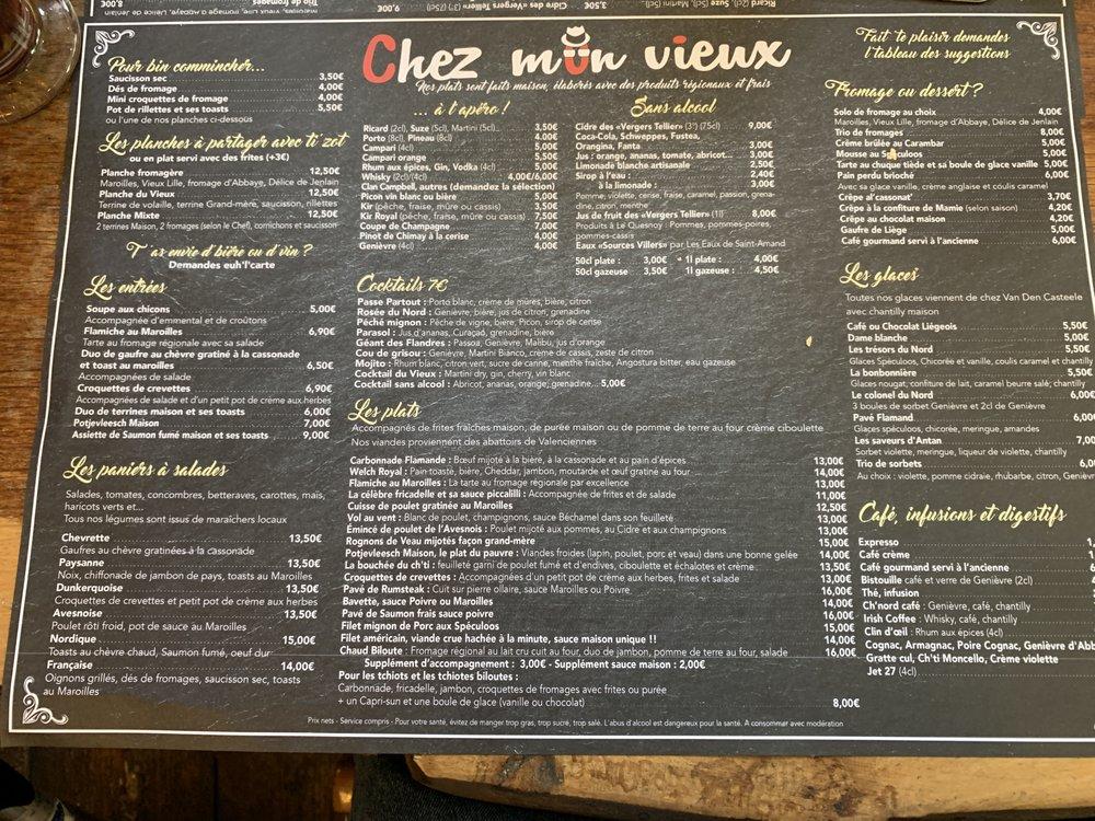 Menu au Chez Mon Vieux restaurant, Valenciennes