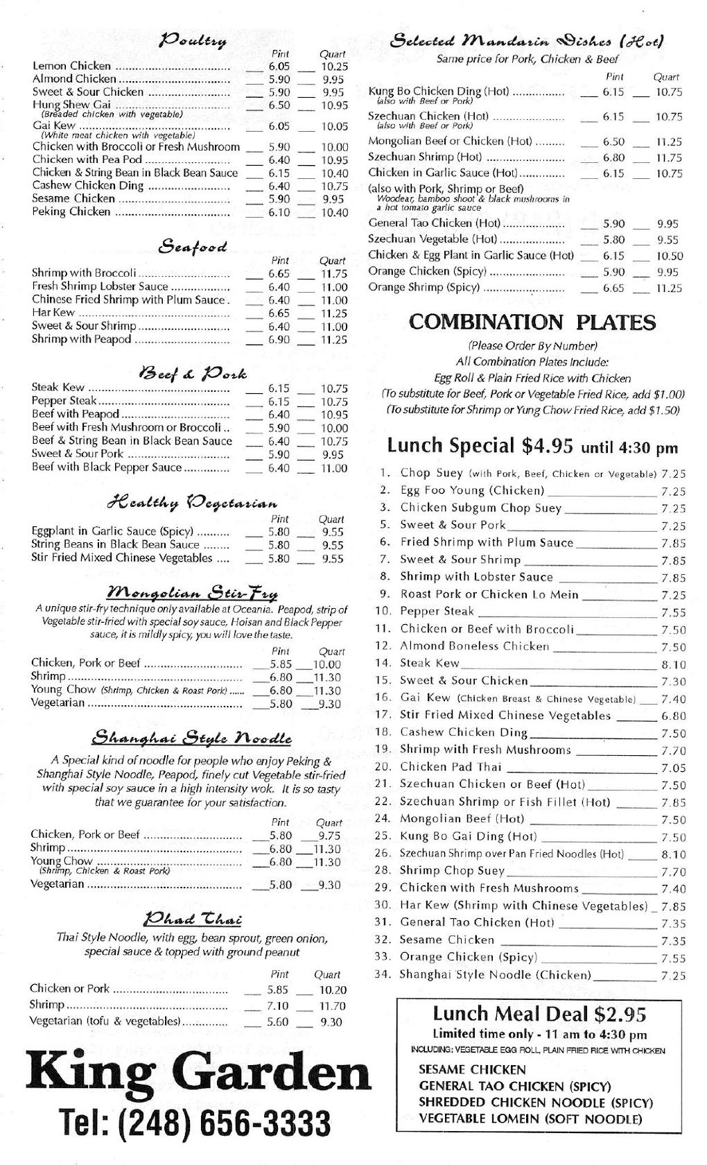 Menu at King Garden restaurant, Rochester Hills, North Rochester Road