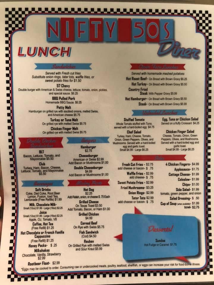 Menu at Nifty Fifty Diner restaurant, Madison
