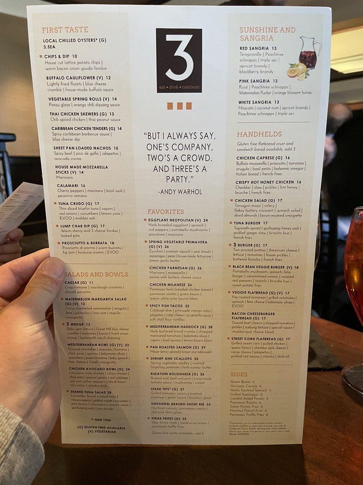 Menu at 3 Restaurant, Franklin
