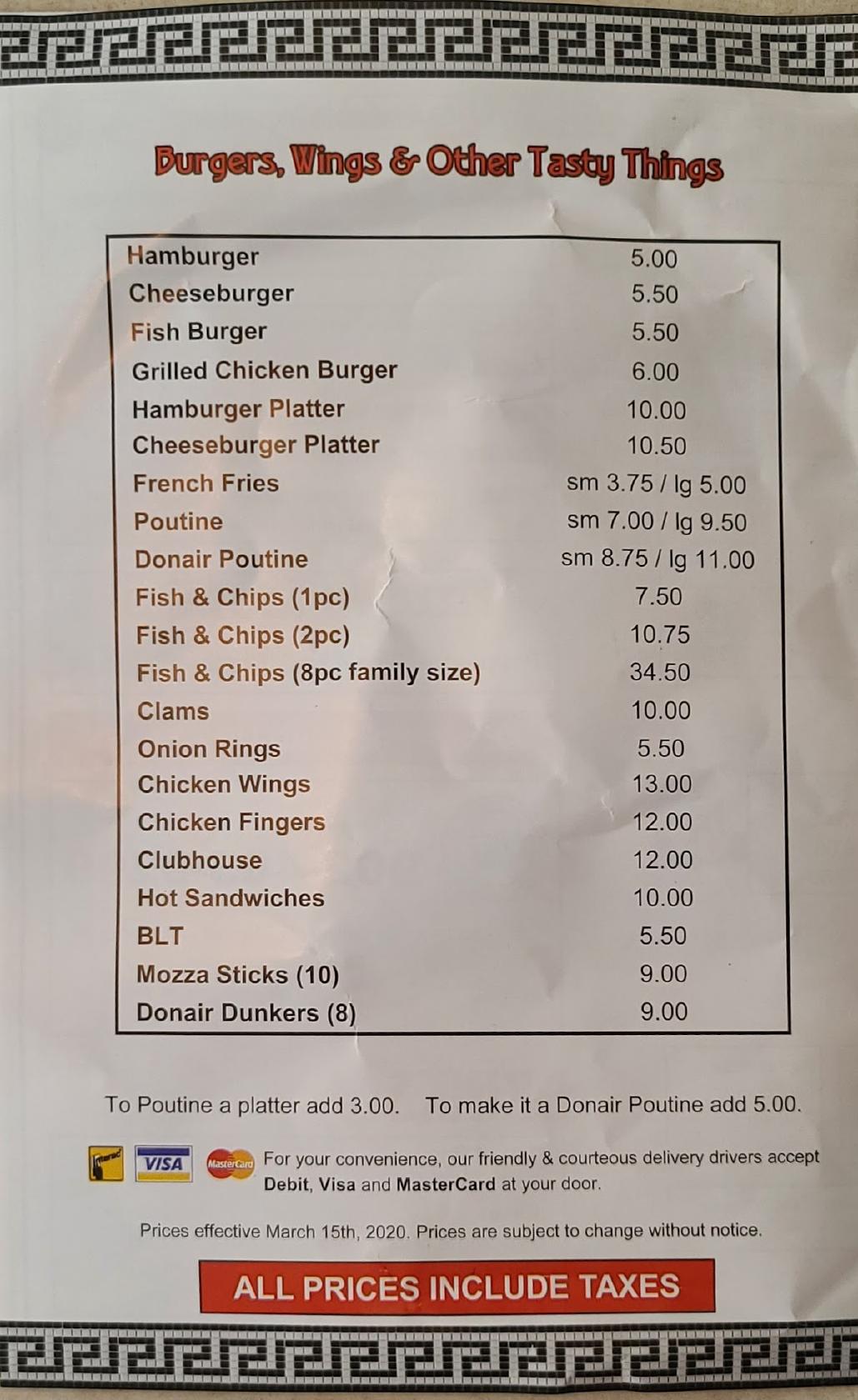 Menu at Acropole Pizza restaurant, Pictou