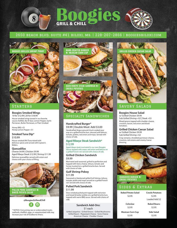 Menu at Boogies Grill & Chill pub & bar, Biloxi