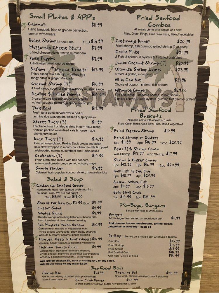 Menu at Castaway’s Seafood & Grill restaurant, Port Aransas, 337 N ...