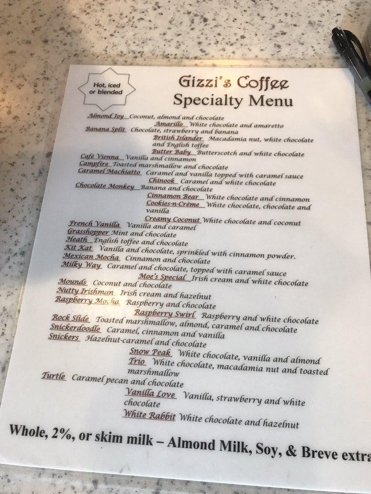 Menu at Gizzi's Coffee cafe, Box Elder