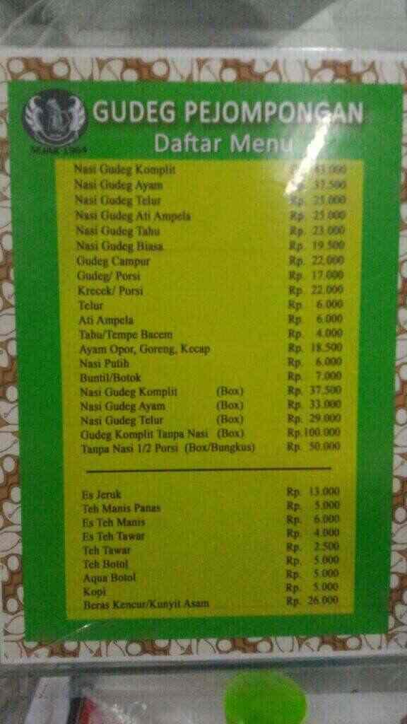 Carta del restaurante Gudeg Pejompongan, Yakarta, Blok