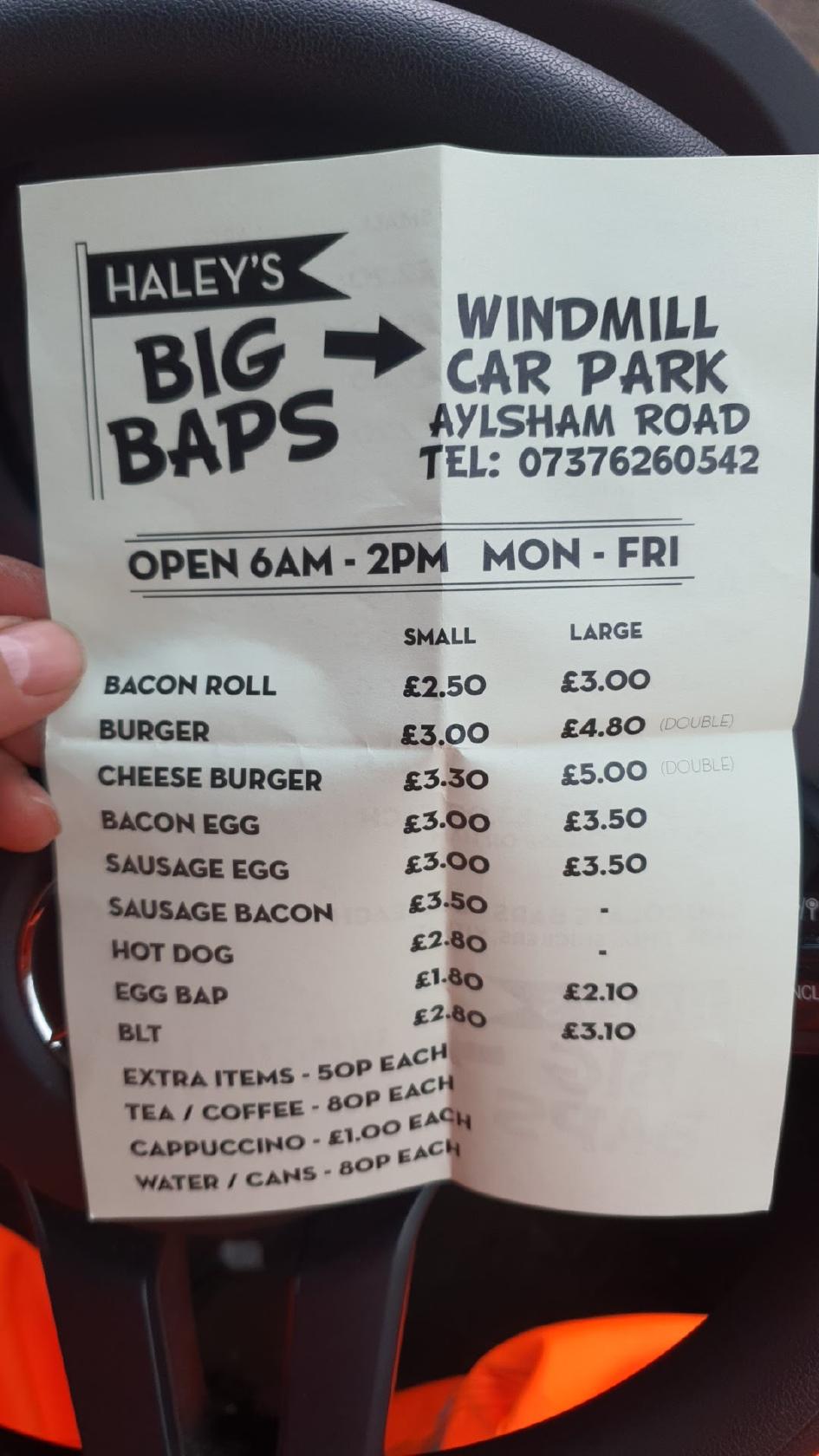 Menu at Haley's Big Baps restaurant, Norwich