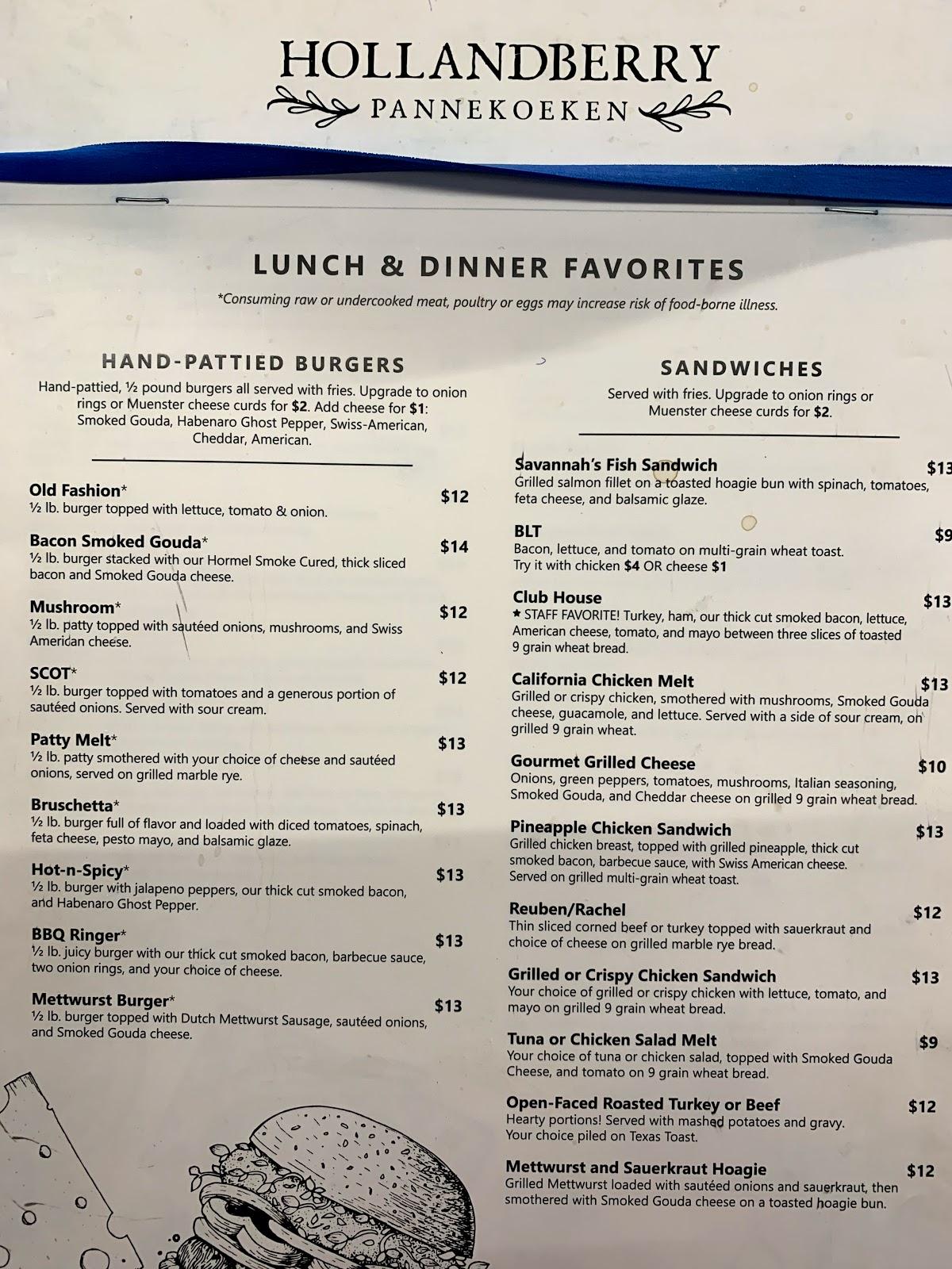 Menu at Hollandberry Pannekoeken cafe, Rochester