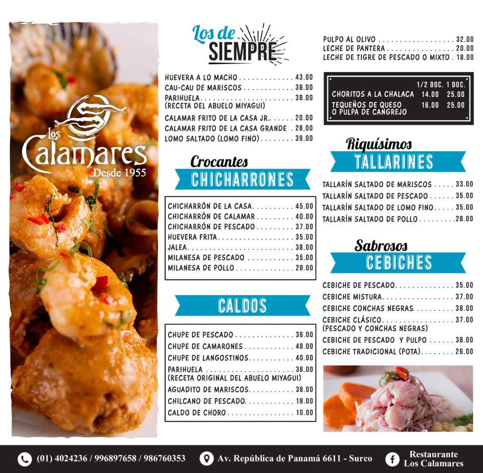 Carta del restaurante Los Calamares, Santiago del Surco