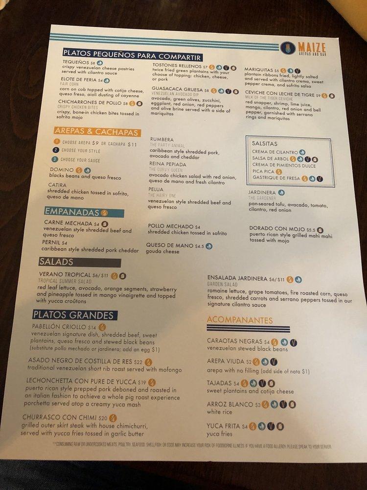 Menu at MAIZE pub & bar, Cincinnati