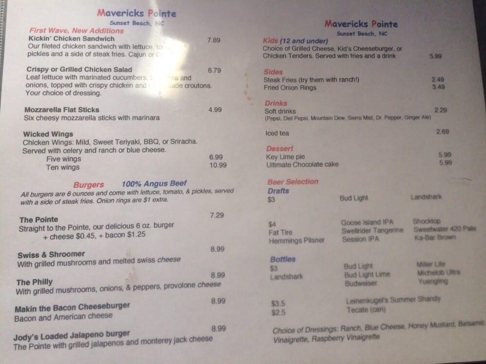 Menu at Mavericks Pointe pub & bar, Sunset Beach