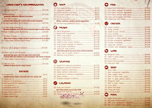 Menu at Ya Hoo Chinese Cusine restaurant, Victoria Point
