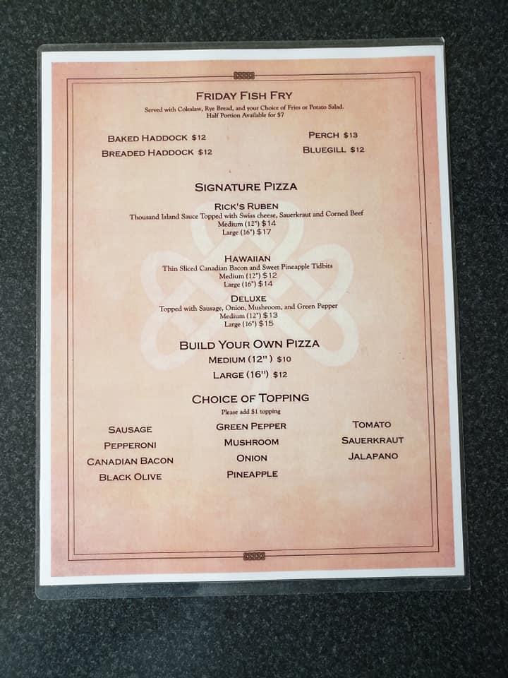 Menu at Rick’s Irish Pub, Redgranite