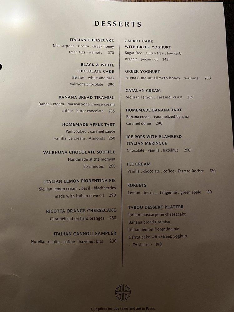 Menu at Taboo Mediterranean Restaurant in Cancun, Cancún, Blvd ...