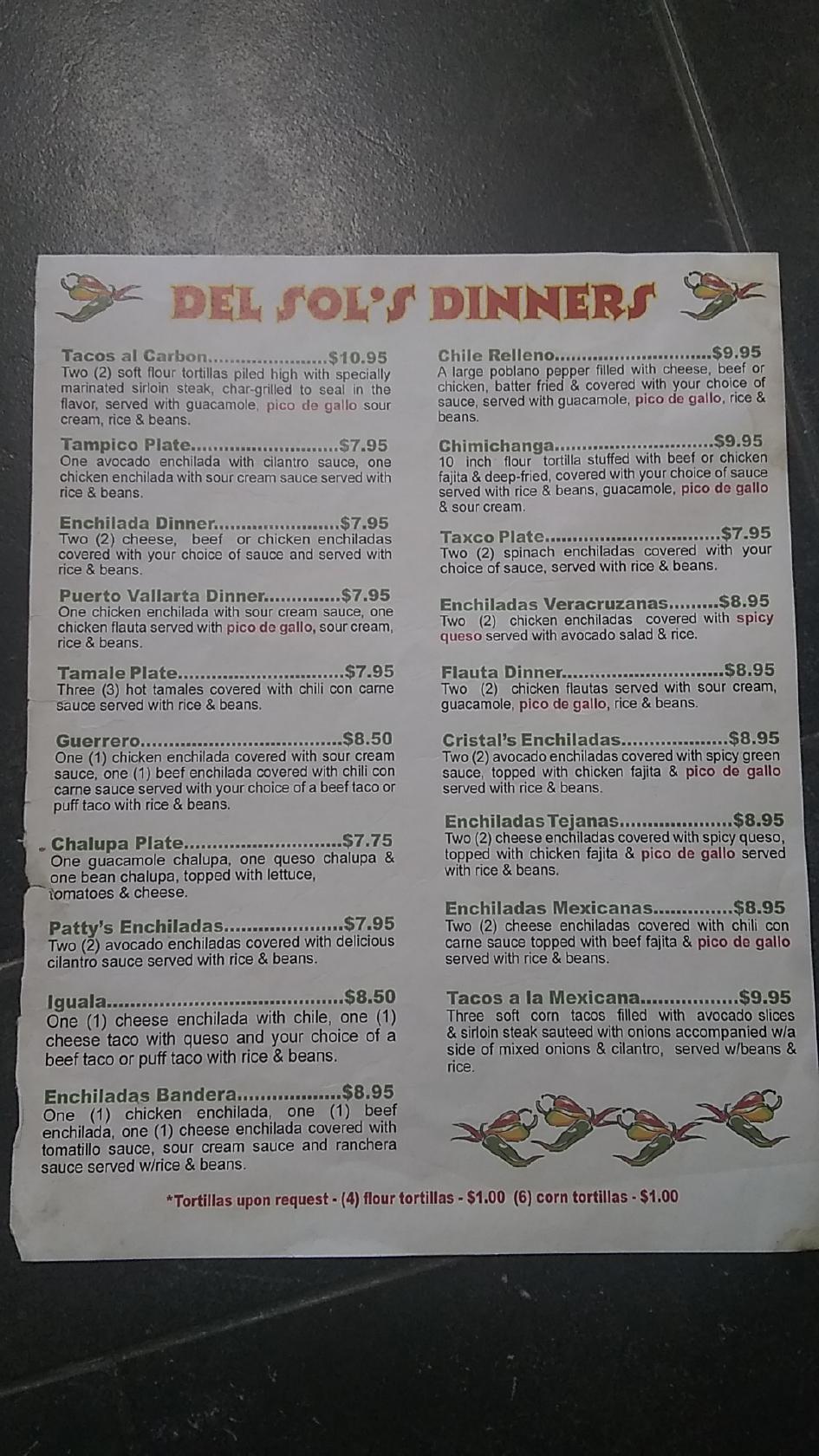 Menu at Tierra Del Sol Mexican Restaurant, Sulphur Springs