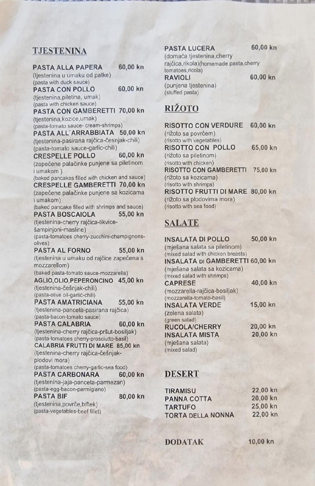 Menu at Trattoria Volare restaurant, Zagreb