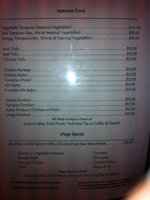 Menu at Utage Restaurant & Lounge, Honolulu