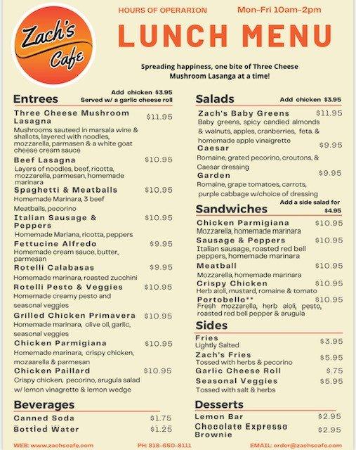 Menu at Zach's Cafe, Los Angeles, Van Nuys Blvd