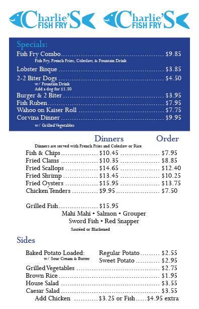 Menu at Charlie's Fish Fry & Seafood restaurant, Deerfield Beach