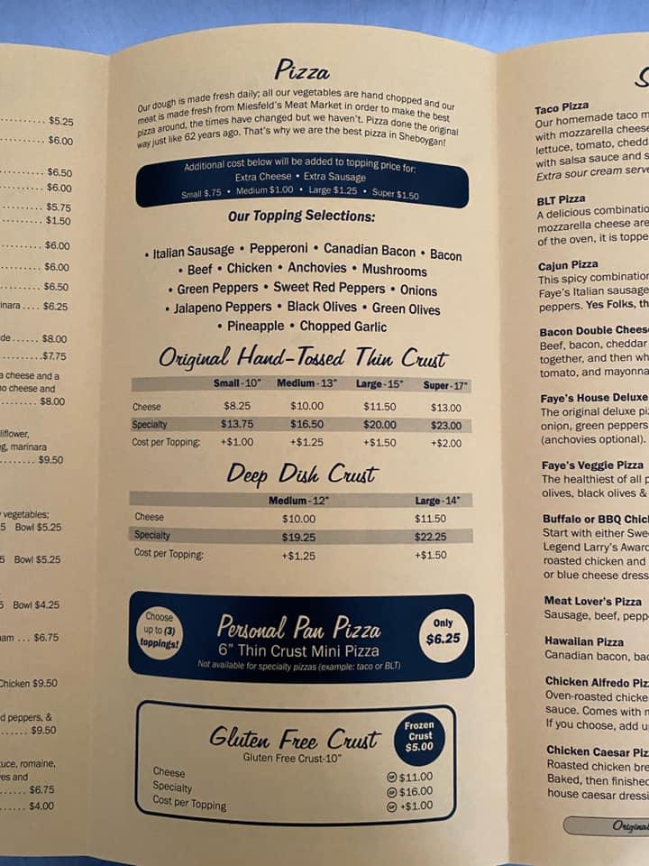 Menu at Faye's Pizza pizzeria, Sheboygan