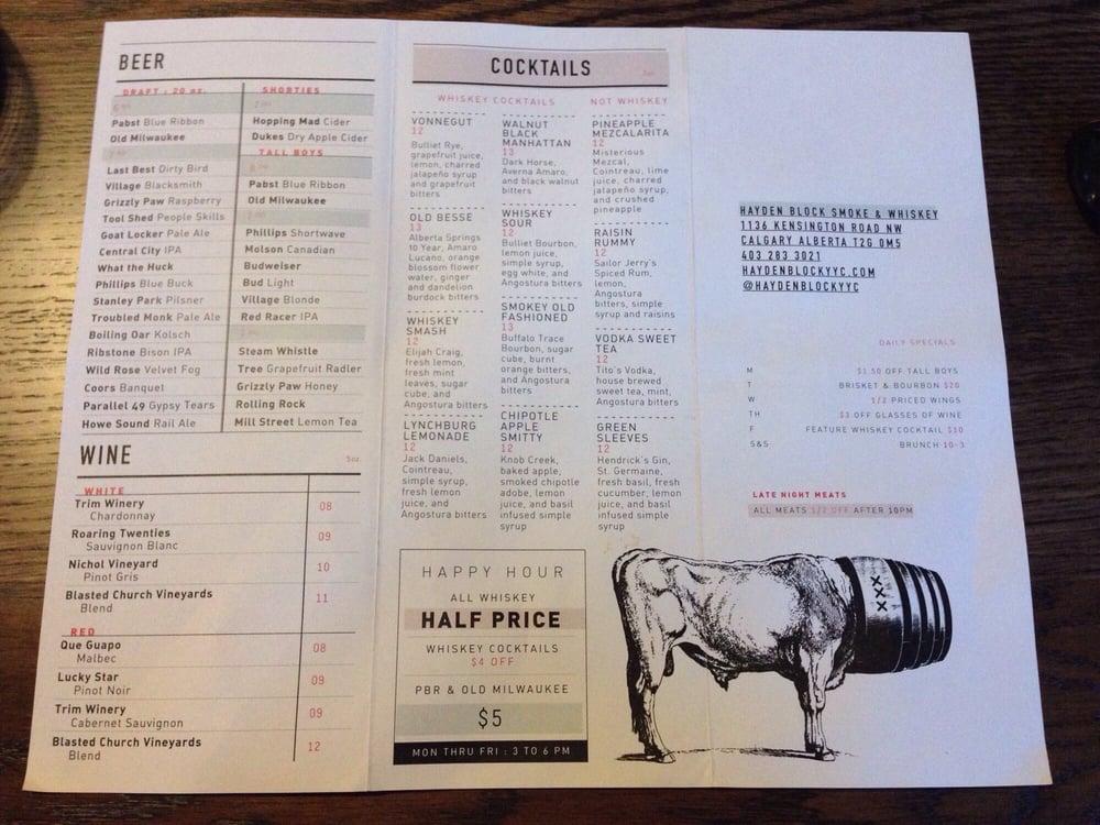Menu at Hayden Block Smoke & Whiskey pub & bar, Calgary