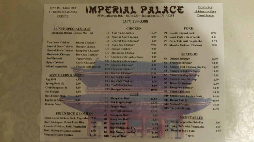 Menu at Imperial palace restaurant, Indianapolis