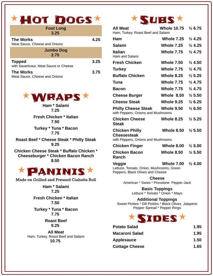 Menu at Shorts Tastee Pastries cafe, Elkland, 111 N Buffalo St
