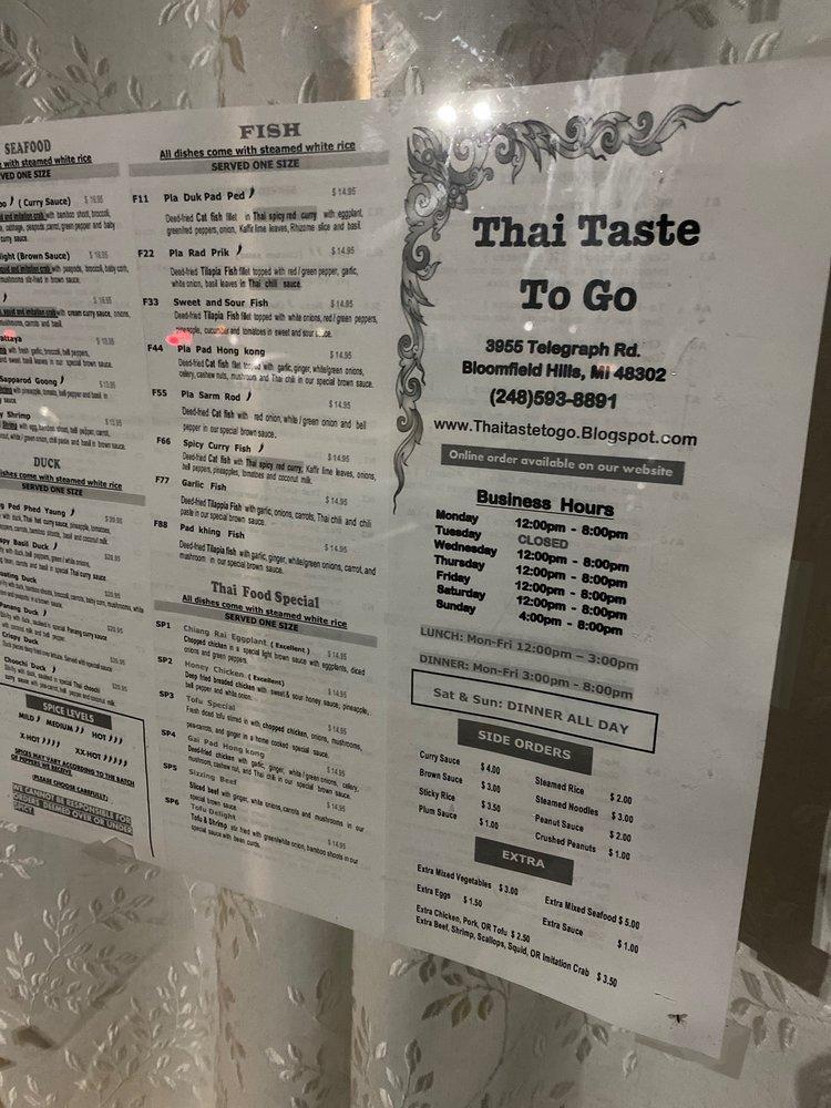 Menu at Thai Taste To Go restaurant, Bloomfield Hills