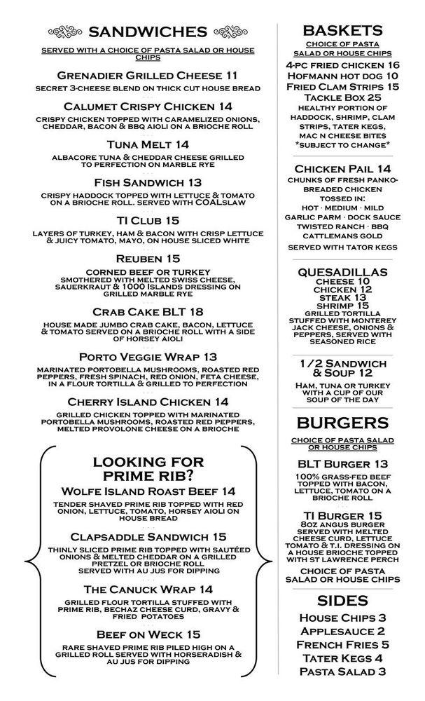 Menu at The Coal Docks Restaurant & Bar, Cape Vincent