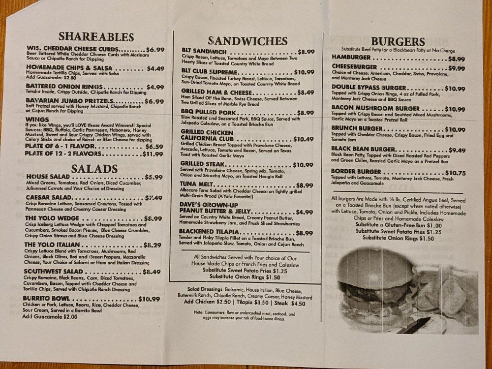 Menu at Yolo's Restaurant, Genoa City