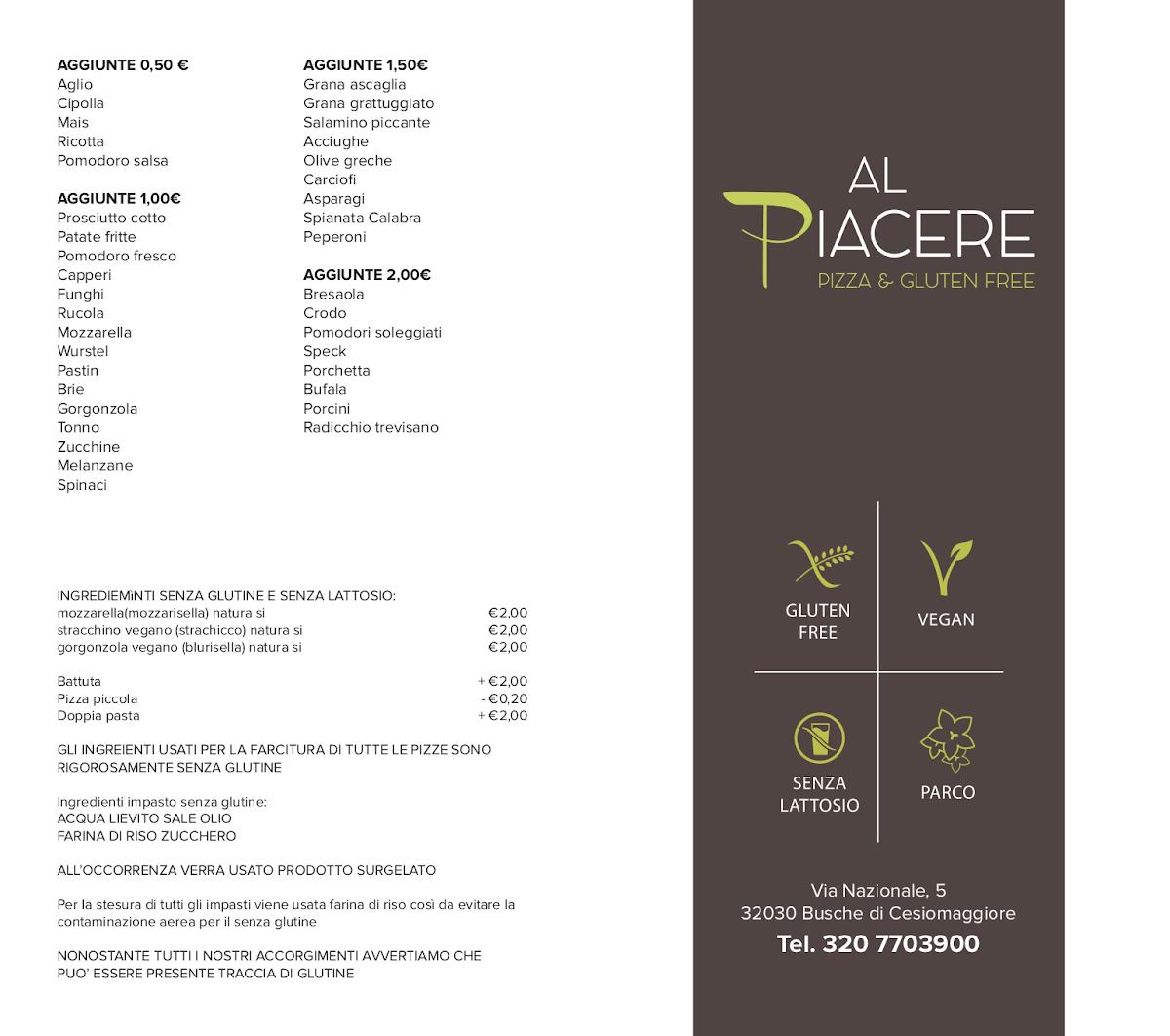 Menu at Al Piacere - pizza e gluten free pizzeria, Busche