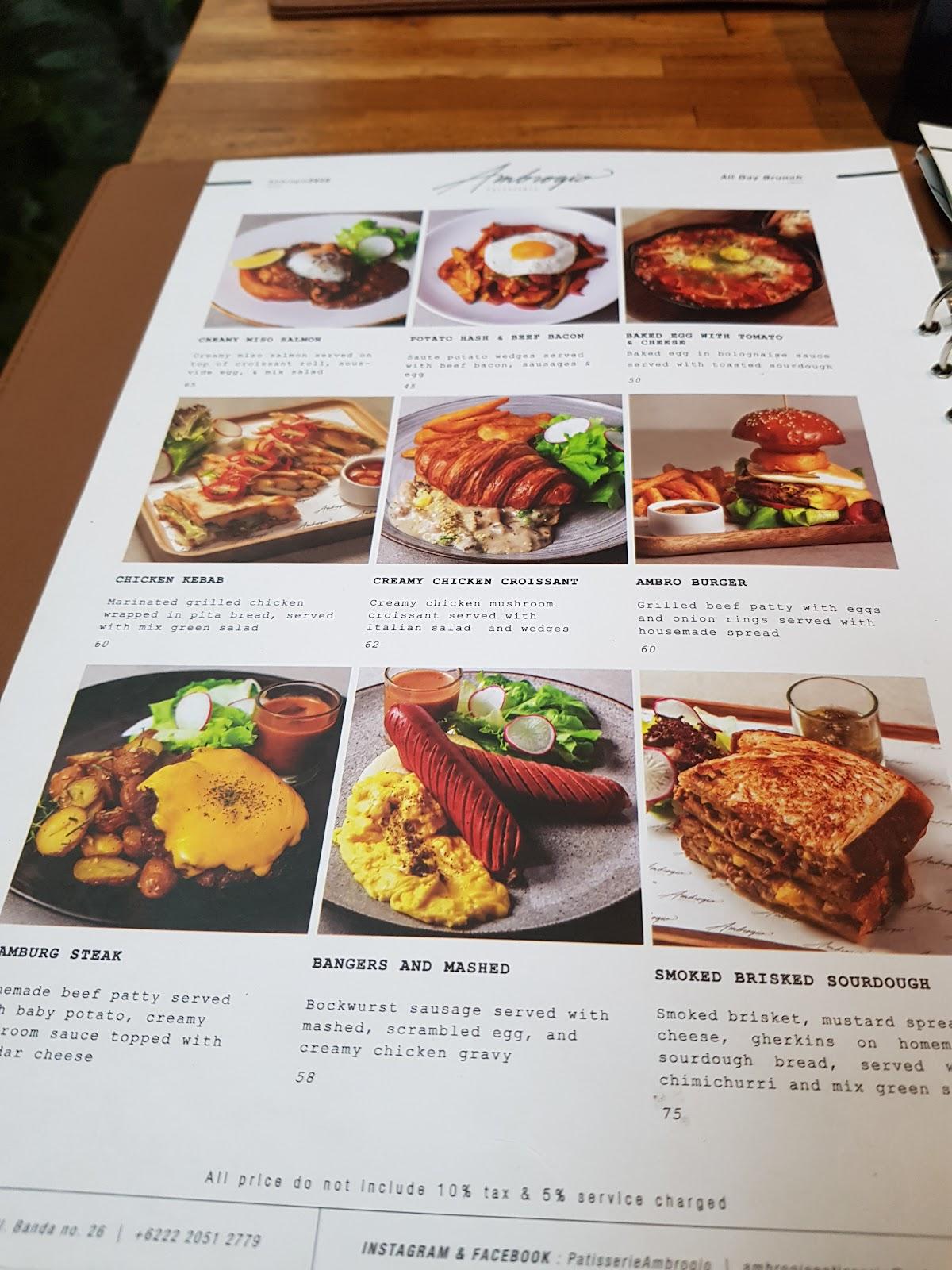 Menu at Ambrogio Patisserie cafe, Bandung