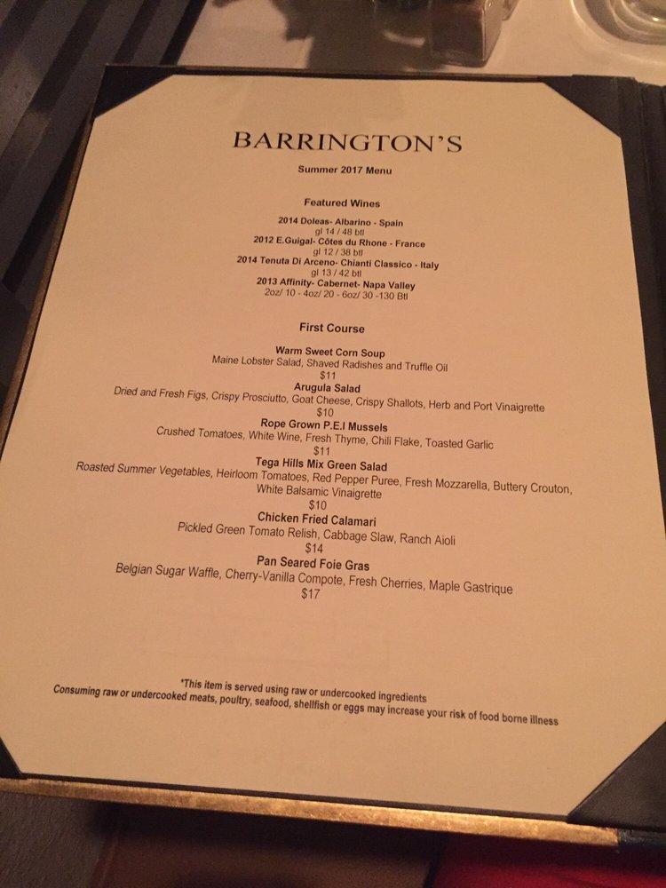 Menu at Barrington's, Charlotte