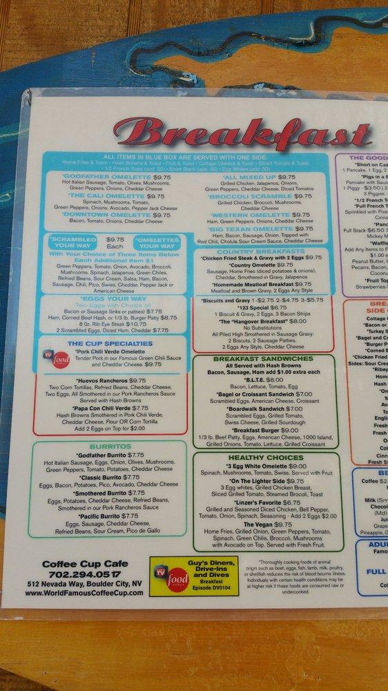 Menu at The Coffee Cup Cafe, Boulder City