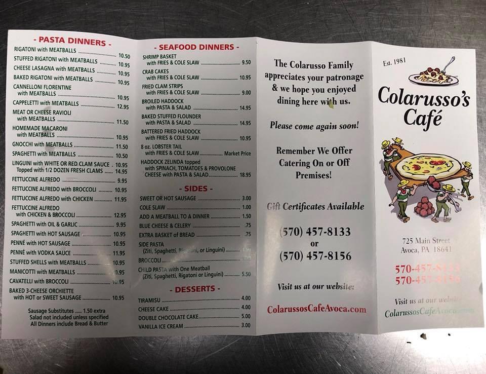 Menu at Colarusso's Cafe, Avoca, 725 Main St