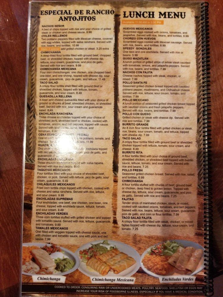 Menu at El Señor Rancho restaurant, Lenoir City