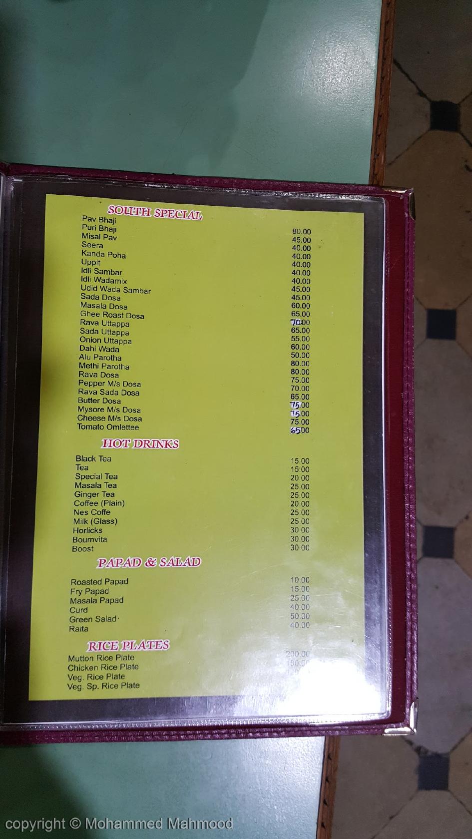 Menu at Hotel Apsara, Panchgani, Apsara hotel