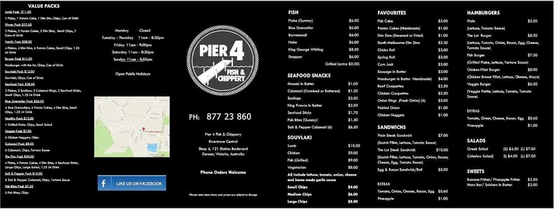 Menu at Pier 4 Fish & Chippery restaurant, Doreen