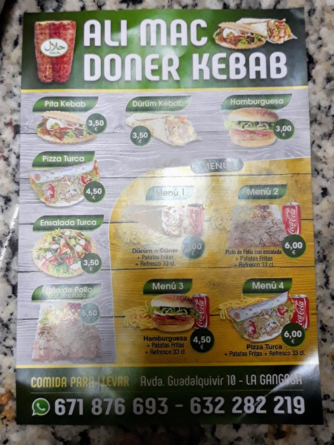 Carta de Restaurante "Ali" - Mac Doner Kebab, La Gangosa