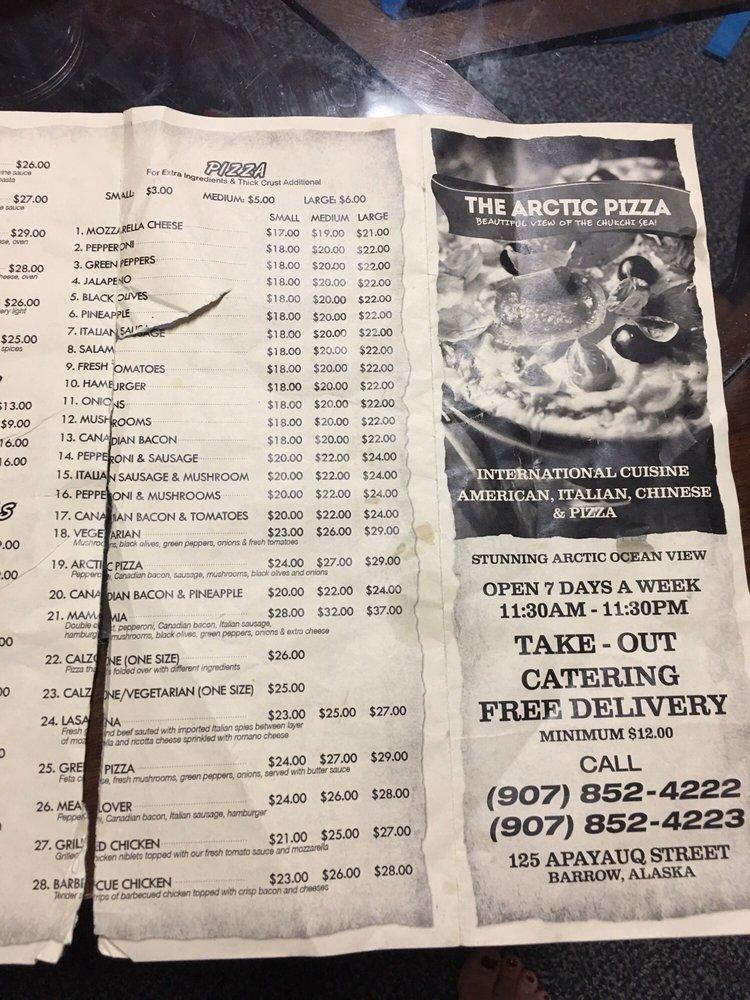 Carta de pizzería Arctic Pizza, Barrow