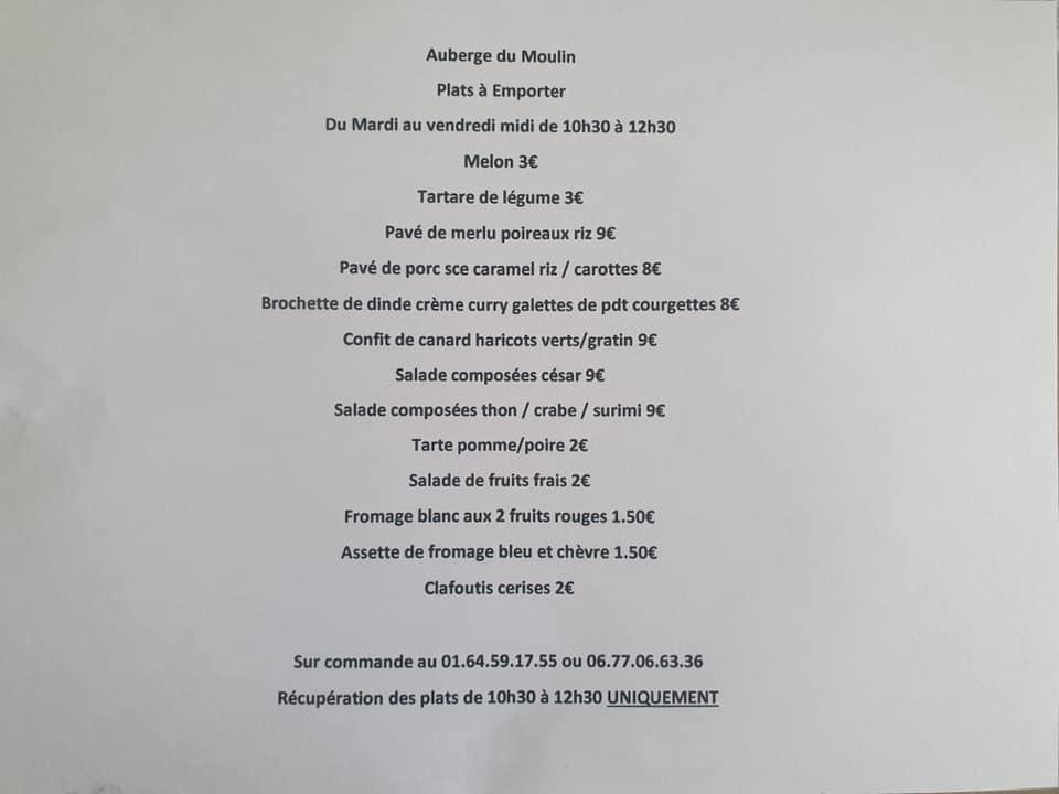 Menu au Auberge du Moulin restaurant, Ollainville
