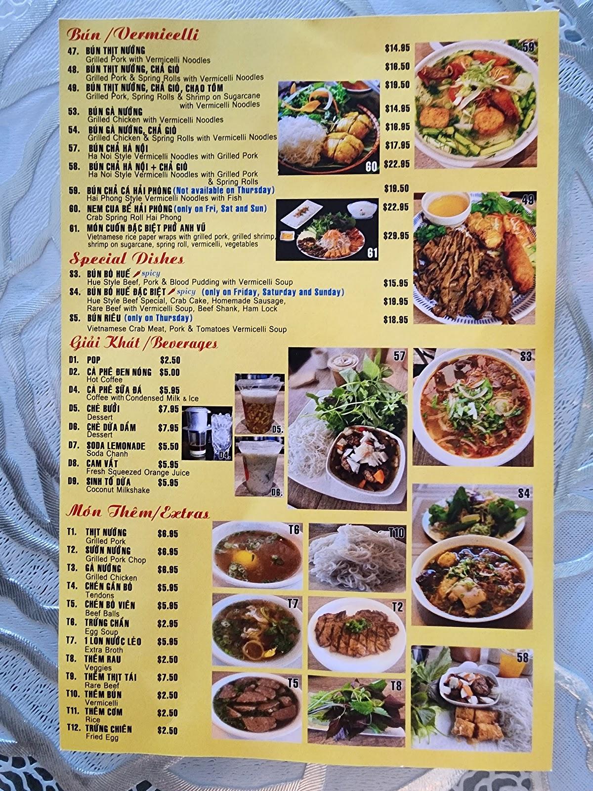 Menu at Pho Anh Vu restaurant, Richmond Hill