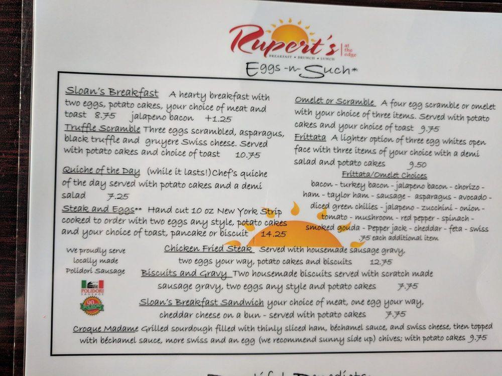 Menu at Rupert's at the Edge restaurant, Edgewater