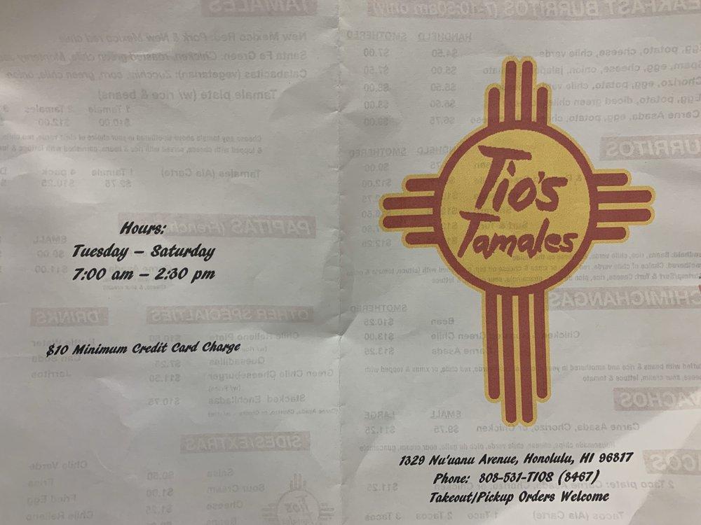 Menu at Tio's Tamales restaurant, Honolulu