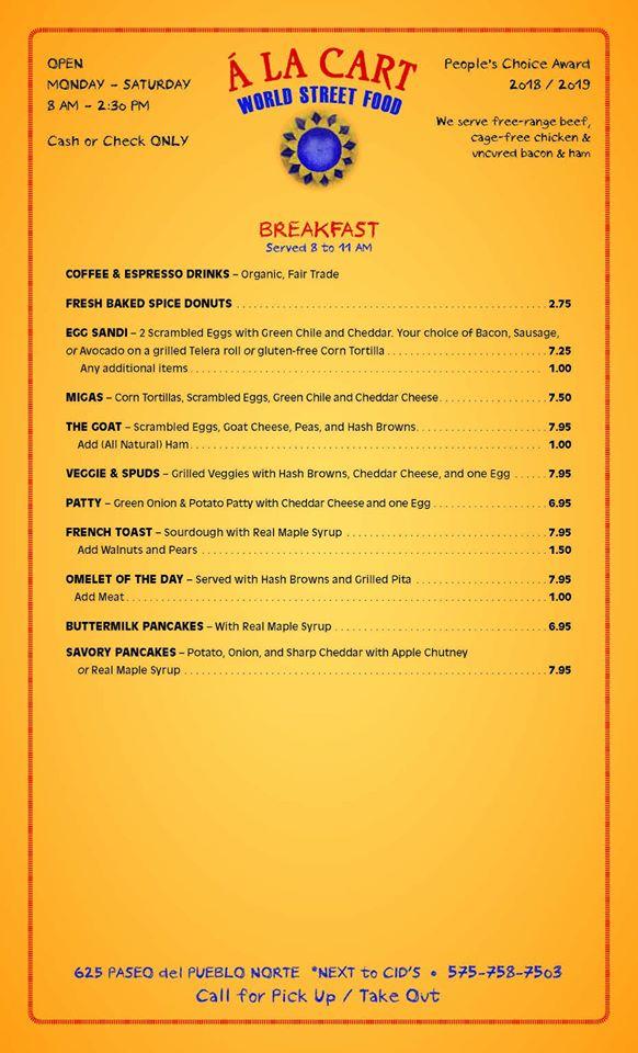 Menu at Aly’s Á La Cart restaurant, Taos, 625 Paseo Del Pueblo Sur