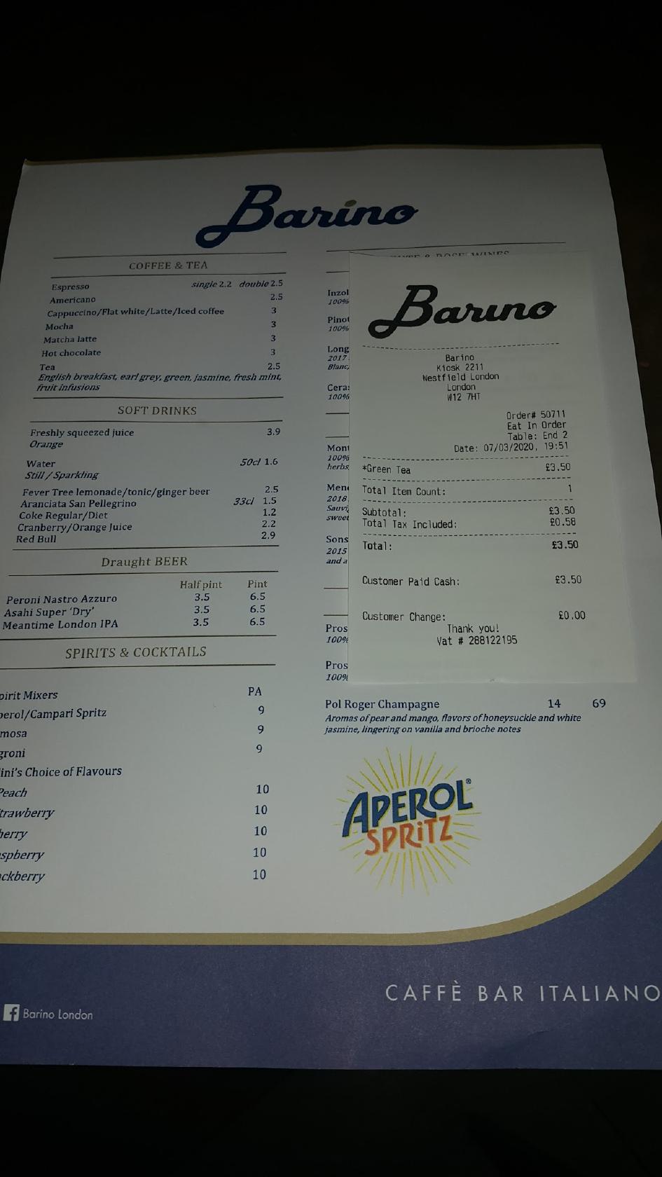 Menu at Barino, London