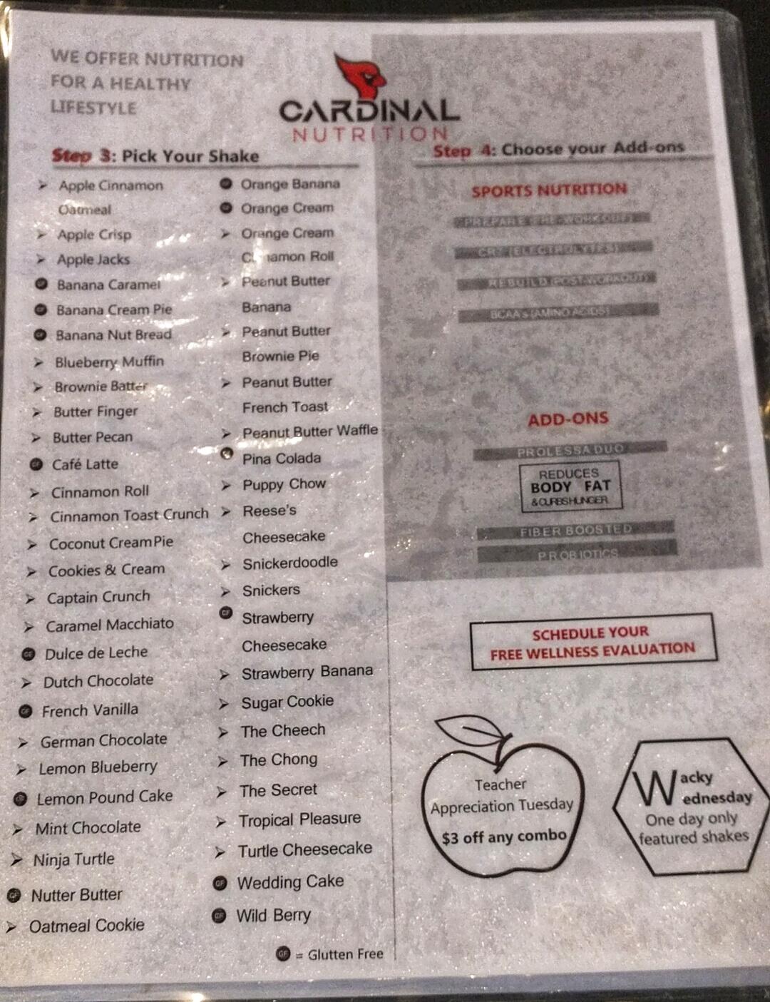 Menu at Cardinal Nutrition restaurant, Melissa