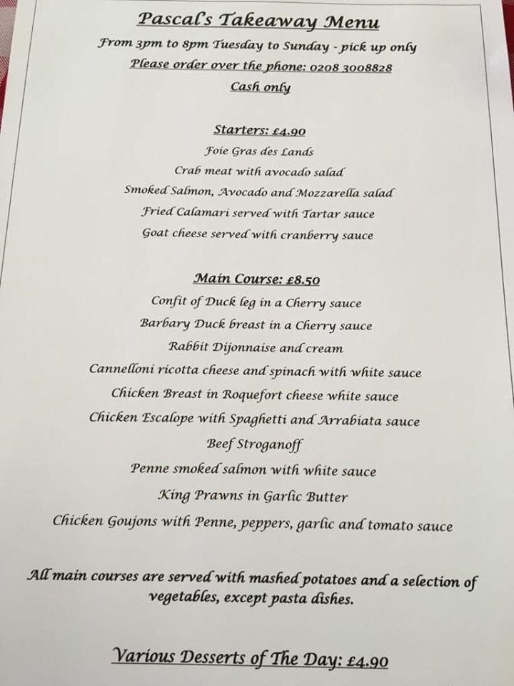 Menu at Pascal Bistro - French Restaurant, Sidcup