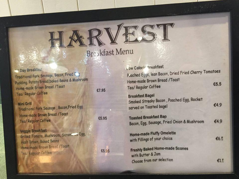 Menu at Harvest restaurant, Cavan