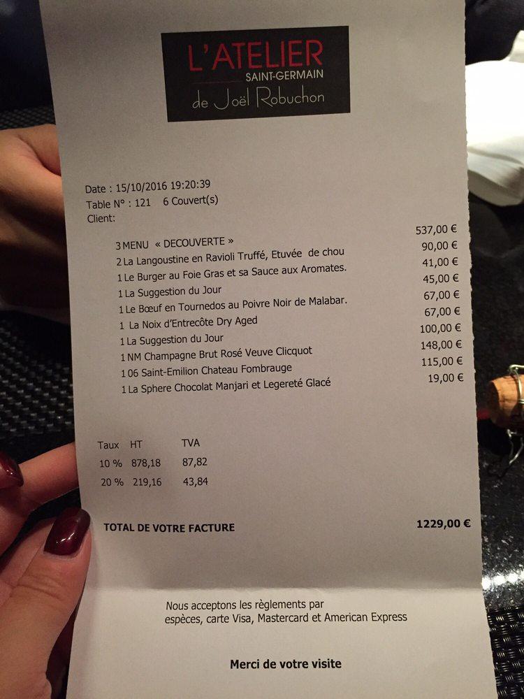 Menu at L'Atelier de Joël Robuchon restaurant, Paris